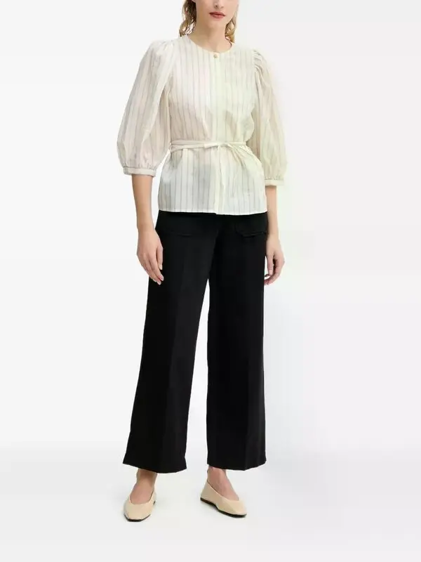 SESSUN Puff-sleeve Striped Blouse With Self-tie Belt