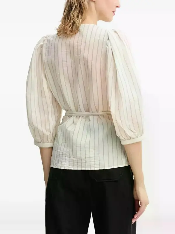 SESSUN Puff-sleeve Striped Blouse With Self-tie Belt