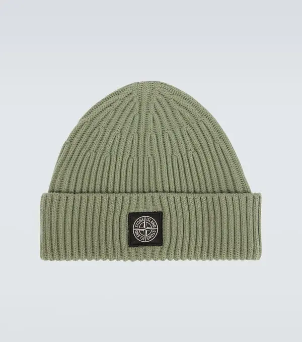 Stone Island Compass Ribbed Virgin Wool Beanie - Green