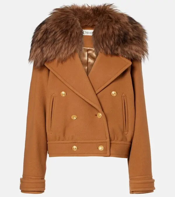 Chloé Cropped Shearling-trimmed Wool-blend Coat - Brown