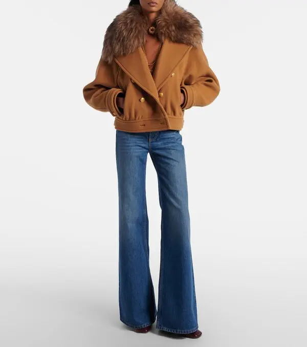 Chloé Cropped Shearling-trimmed Wool-blend Coat - Brown