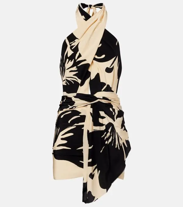 Johanna Ortiz Halterneck Floral Silk Minidress - Beige