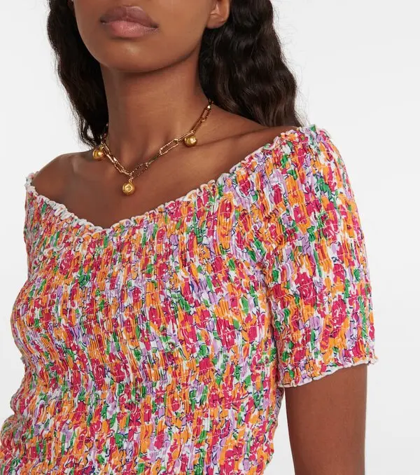 Poupette St Barth Floral Off-shoulder Crop Top