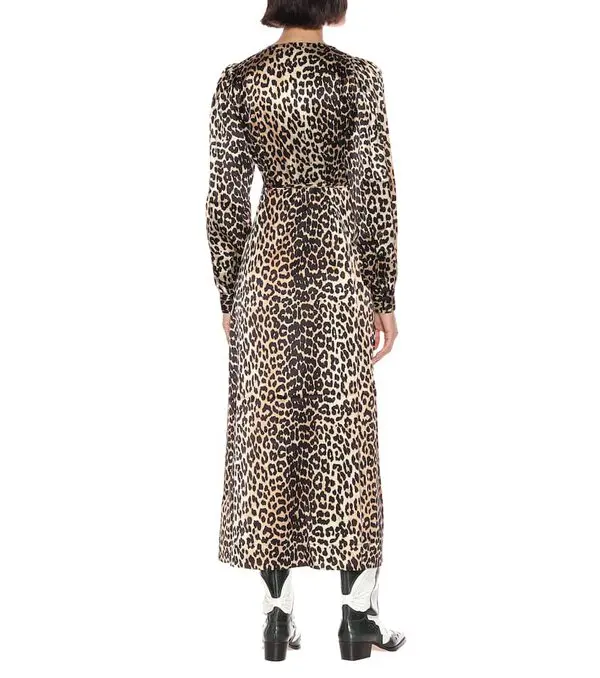 GANNI Leopard-printed Stretch-silk Dress - Brown