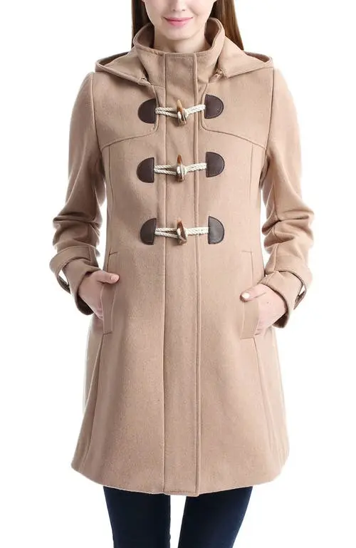 KIMI + KAI Duffle Wool Maternity Coat With Toggle Details And Removable Hood - Camel