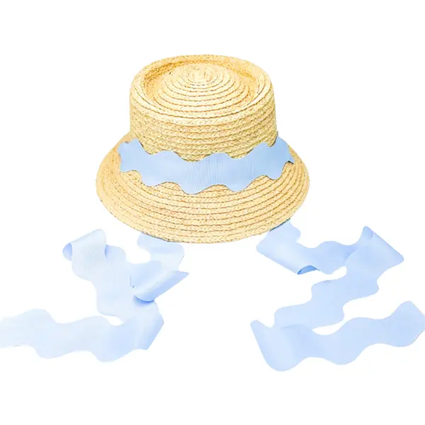 BITS & BOWS Straw Harbor Hat With Scalloped Ribbon - Blue