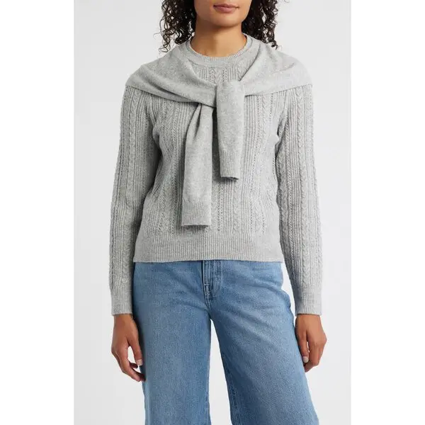 Wit & Wisdom Cable Stitch Tie Sleeve Sweater - Heather Grey