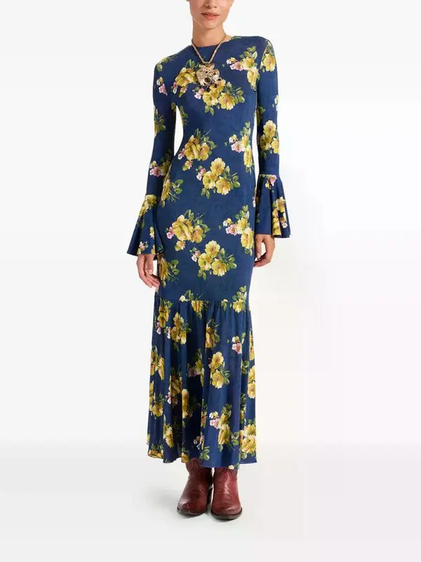 La DoubleJ Floral Bell-sleeve Midi Dress - Blue