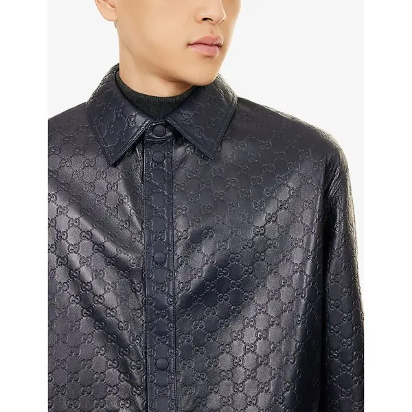 Gucci Embossed Monogram-Pattern Long-Sleeve Faux-Leather Shirt - Blu Navy |  Editorialist