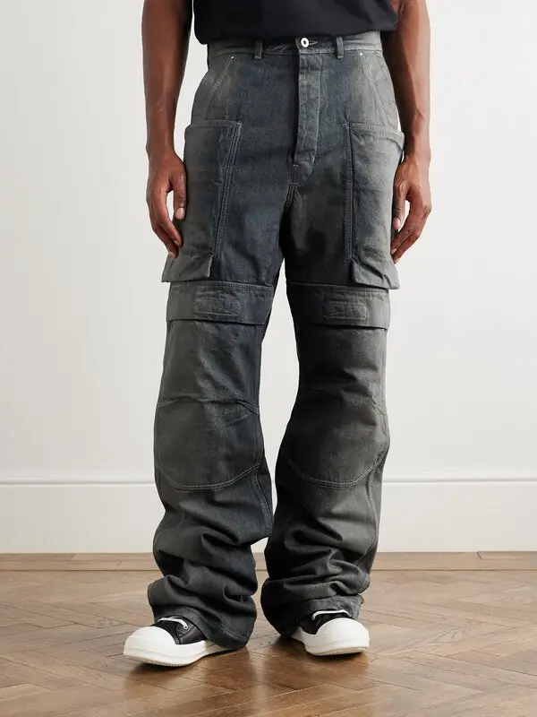 Rick Owens Stefan Wide-leg Distressed Denim Cargo Trousers - Gray