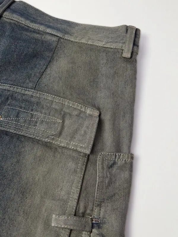 Rick Owens Stefan Wide-leg Distressed Denim Cargo Trousers - Gray