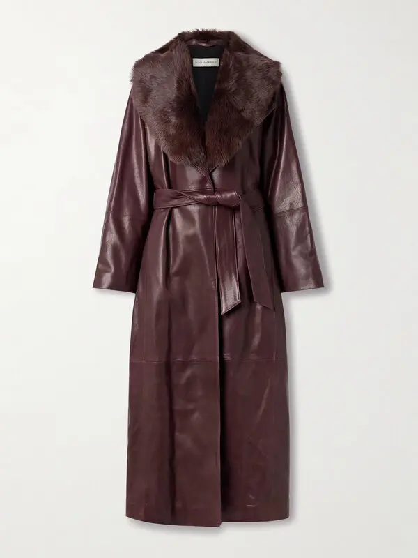 Nour Hammour Briona Belted Shearling-trimmed Leather Coat - Purple