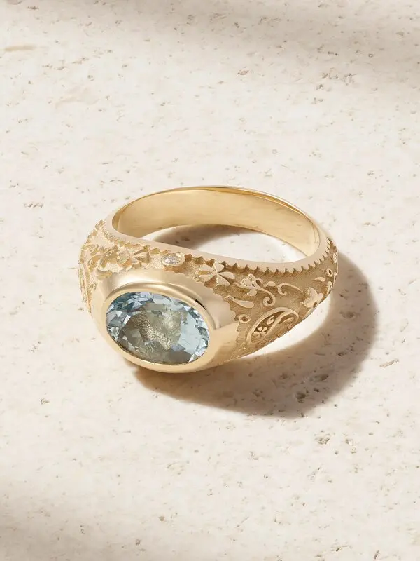 MARLO LAZ Southwestern Signet Aquamarine Ring - Gold