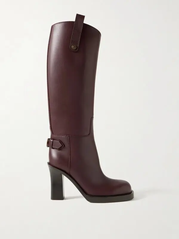 Burberry Buckled Leather Knee High Boots - Burgundy