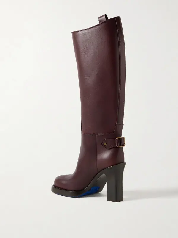 Burberry Buckled Leather Knee High Boots - Burgundy