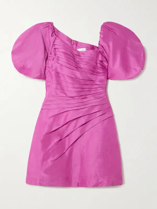 Aje Cadence Asymmetric Pleated Linen-Blend Mini Dress - Pink | Editorialist