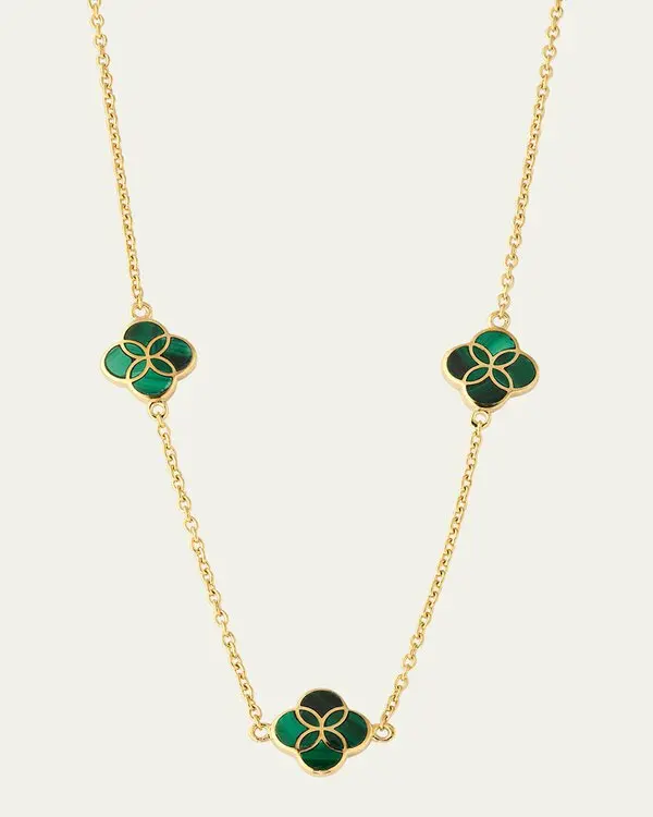 JAN LESLIE Triple Petal Gemstone Station Necklace - Malachite