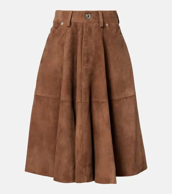 Ami Pleated Suede Midi Skirt