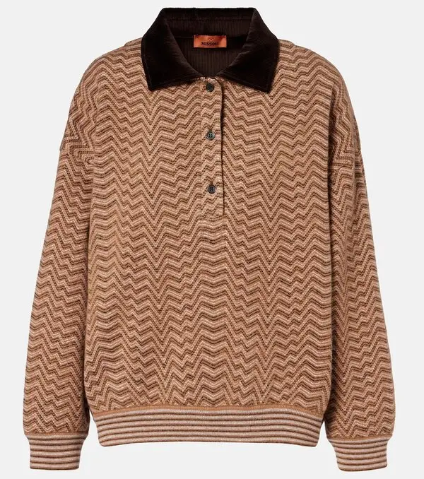 Missoni Zigzag Wool And Cotton Polo Sweater - Brown