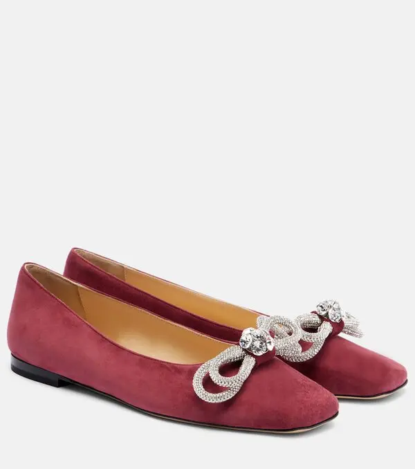 Mach & Mach Double Bow Embellished Suede Ballet Flats - Burgundy