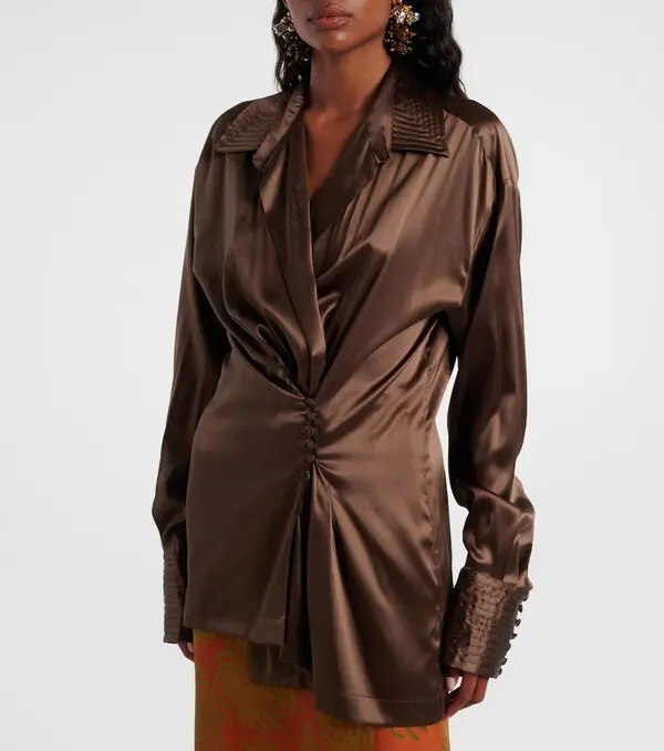 Dries Van Noten Draped Silk-blend Shirt - Brown