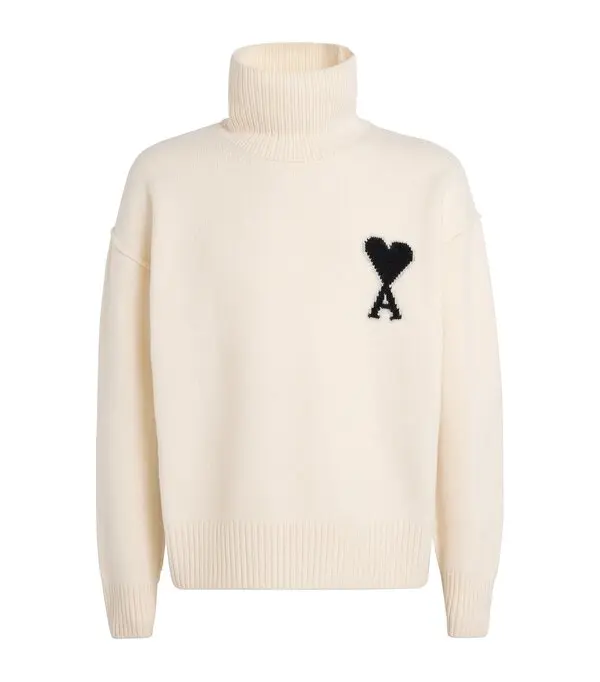 Ami Virgin Wool De Coeur Funnel-neck Sweater - Beige
