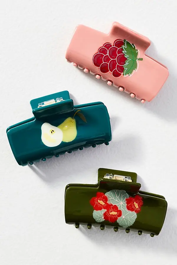 Anthropologie Fruit Icon Claw Clips Set - Pear/floral/grape