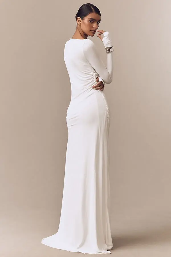 fitted lace wedding dress Jozelle Long Sleeve Ruched Maxi Dress Olive– Selfie Leslie main image 0
