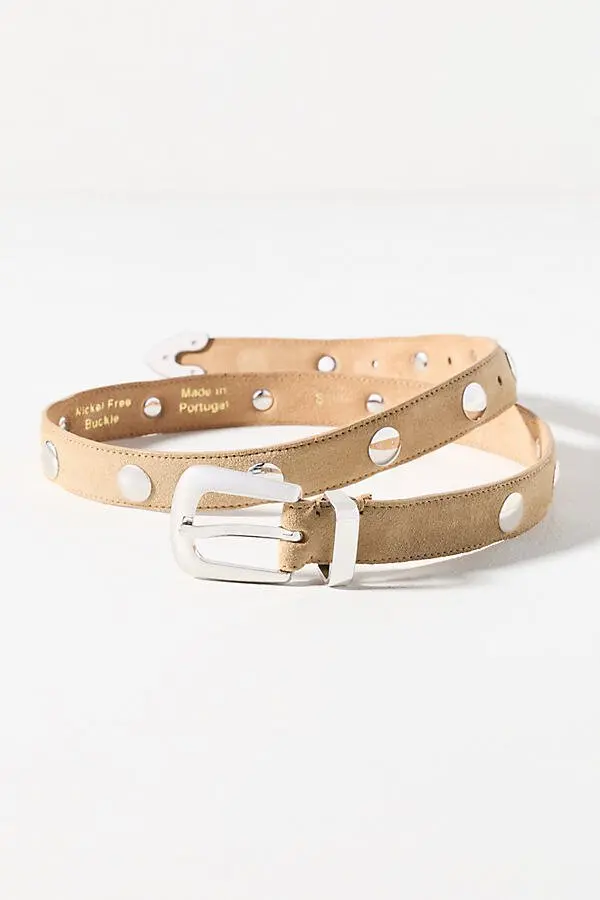 Anthropologie Studded Western Belt - Light Sand Suede/silver