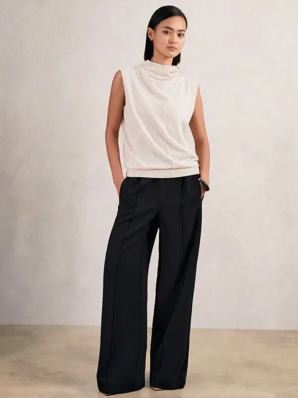 REISS Wide-leg Trousers With Elasticated Waist - Navy