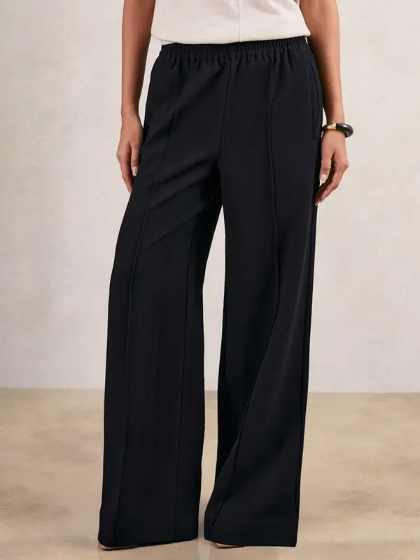REISS Wide-leg Trousers With Elasticated Waist - Navy