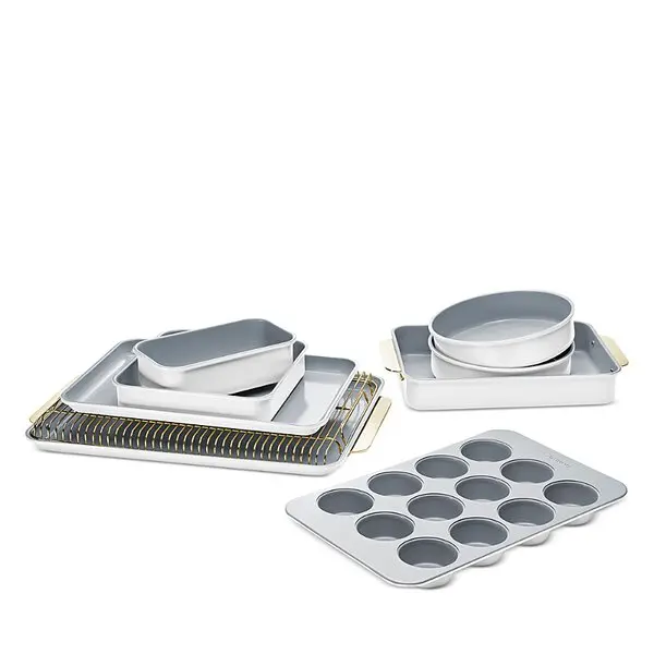 CARAWAY 11 Piece Ceramic Non-stick Mega Bakeware Set With Gold Handles - White/gold