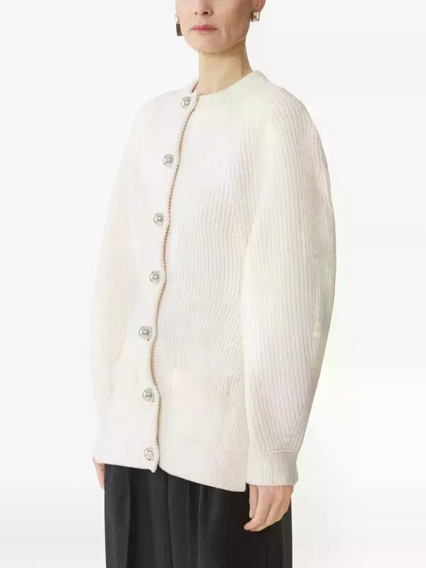 LANVIN Ribbed Knit Button Cardigan - Neutrals