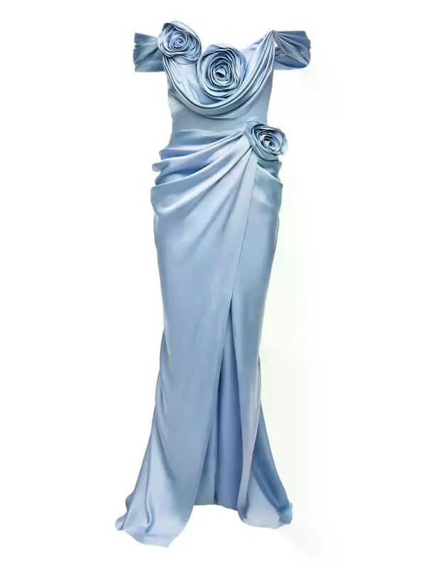 ANA RADU Rose-embellished Satin Maxi Dress - Blue