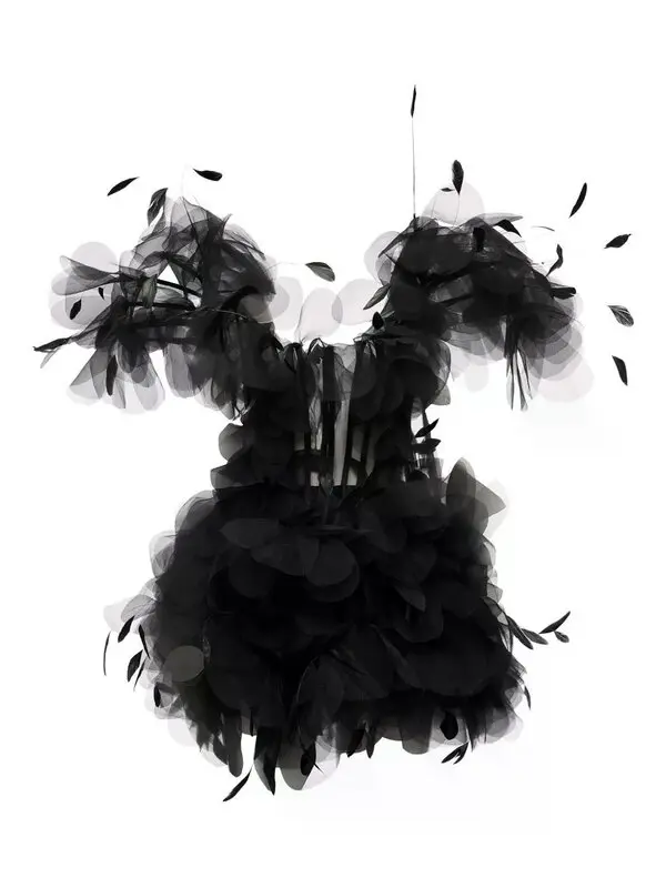 ANA RADU Feather-trimmed Ruffled Dress - Black