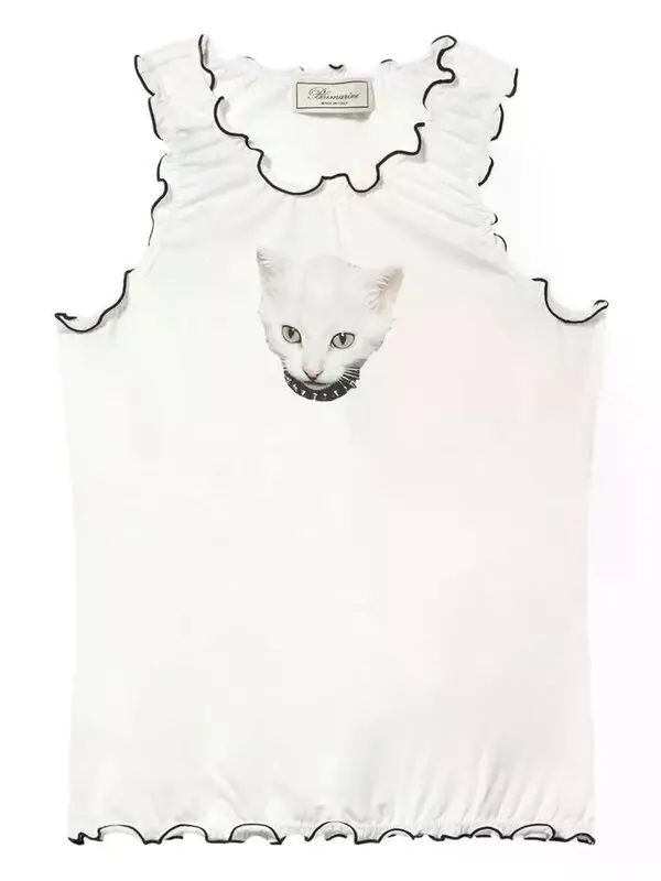 Blumarine Cat-print Ruffled T-shirt - White