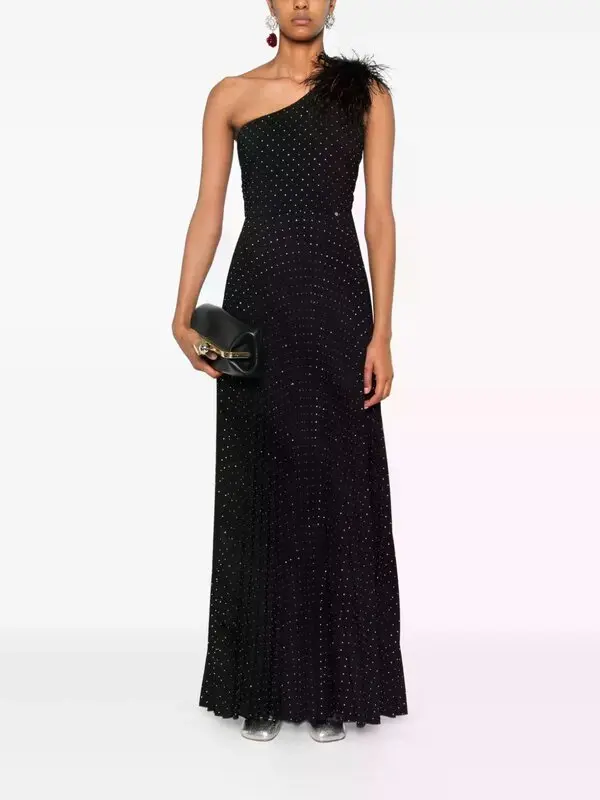 NISSA Feather Trimmed Embellished One-shoulder Maxi Dress