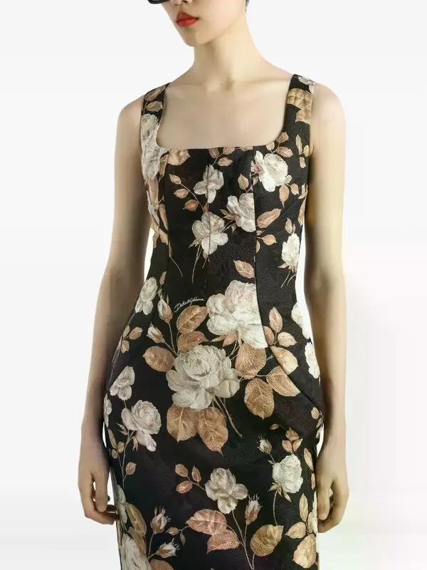 Dolce & Gabbana Rose-print Square-neck Midi Dress