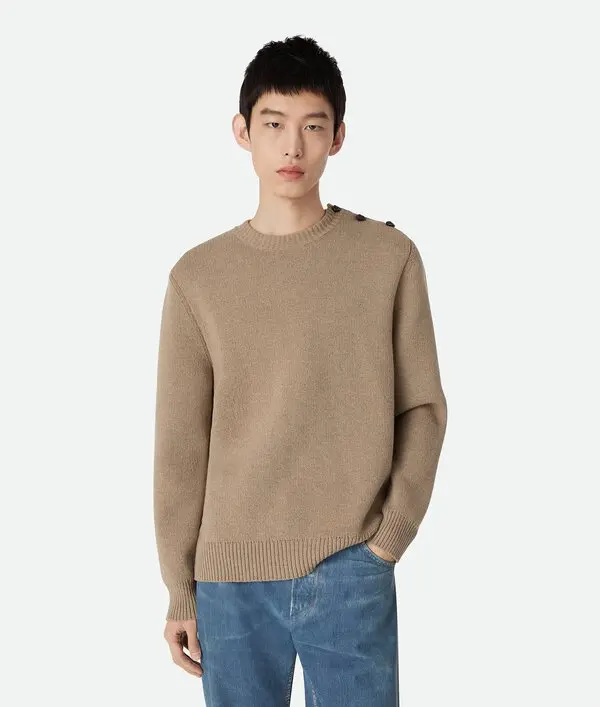 Bottega Veneta Compact Wool Sweater With Intrecciato Leather Buttons - Sparrow