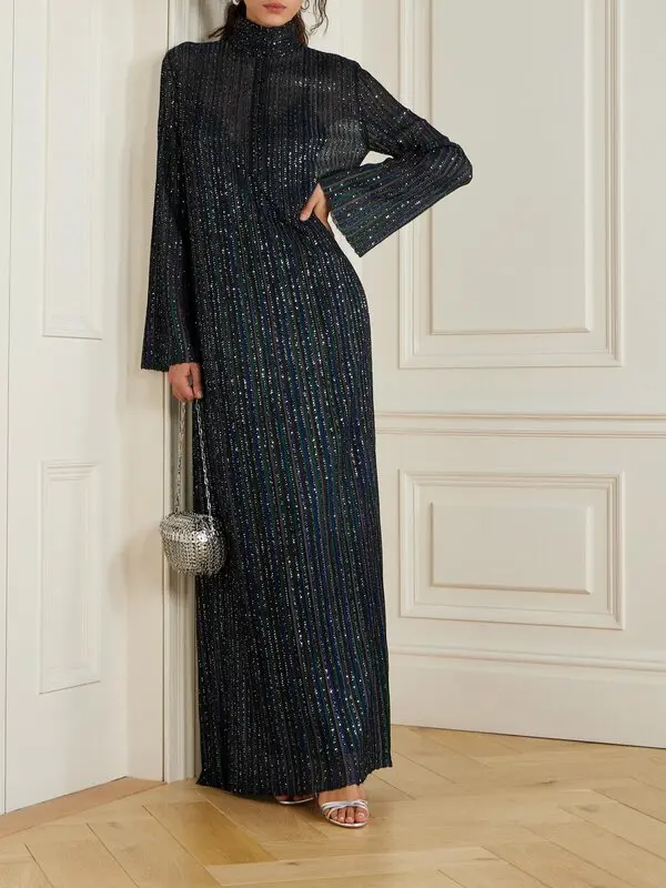Sequin-embellished Striped Crochet-knit Maxi Dress