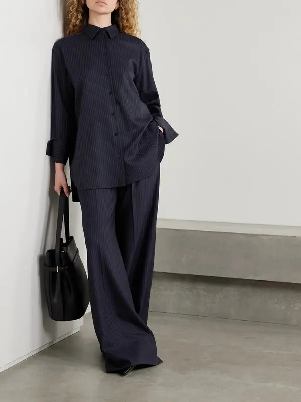 Another Tomorrow Pinstriped Wool-blend Shirt - Blue