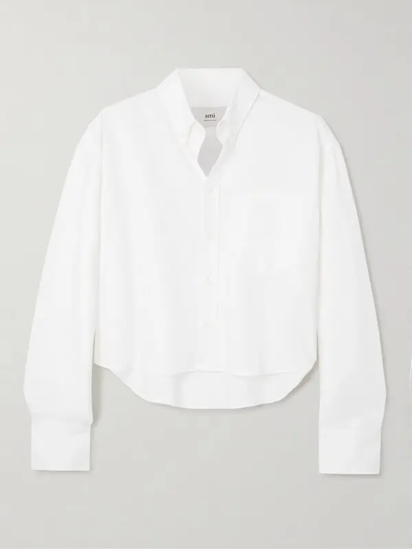 Ami Embroidered Cropped Cotton Oxford Shirt - White