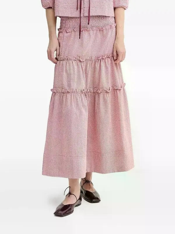 ALOHAS Gingham Ruffled Midi Skirt