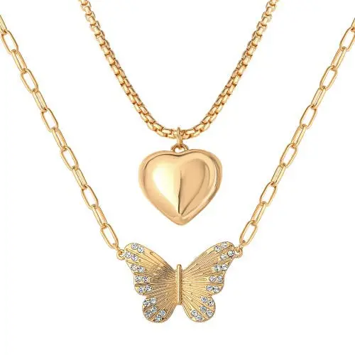 Jessica Simpson Butterfly And Heart Layered Necklace - Gold