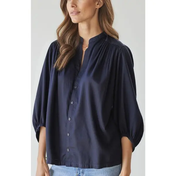 OCEAN+MAIN Cotton Poplin Peasant Top - Navy