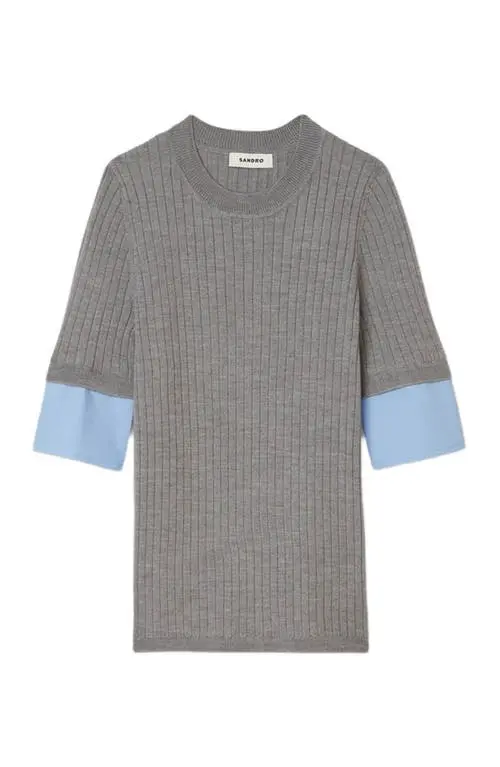 Sandro Fine Knit Pullover With Poplin Sleeves - Grey