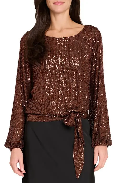 TAHARI ASL Sequin Tie-hem Top - Chocolate