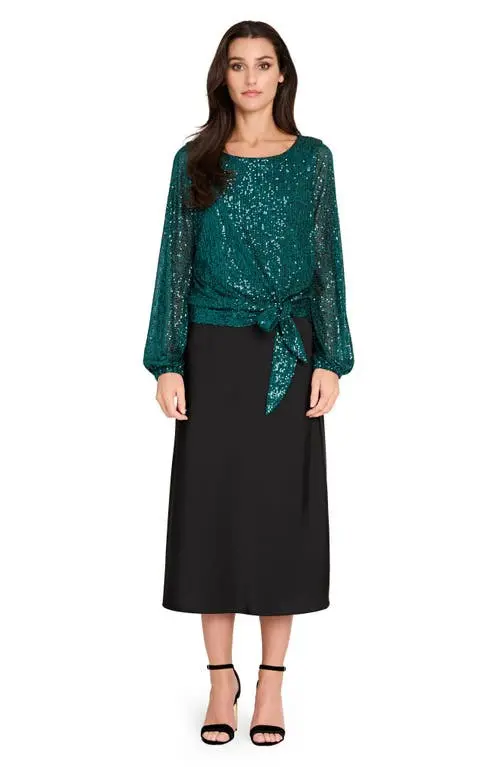 TAHARI ASL Sequin Tie-hem Top - Emerald