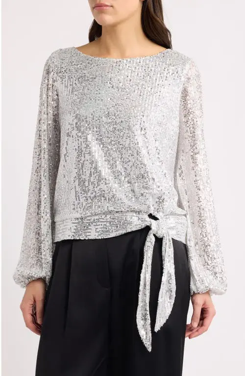 TAHARI ASL Sequin Tie-hem Top - Silver