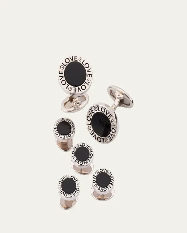 JAN LESLIE Onyx Love Sterling Silver Cufflink And Stud Set